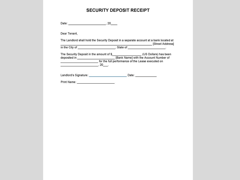 Security Deposit Receipt Form Template - Editable Landlord Form ...