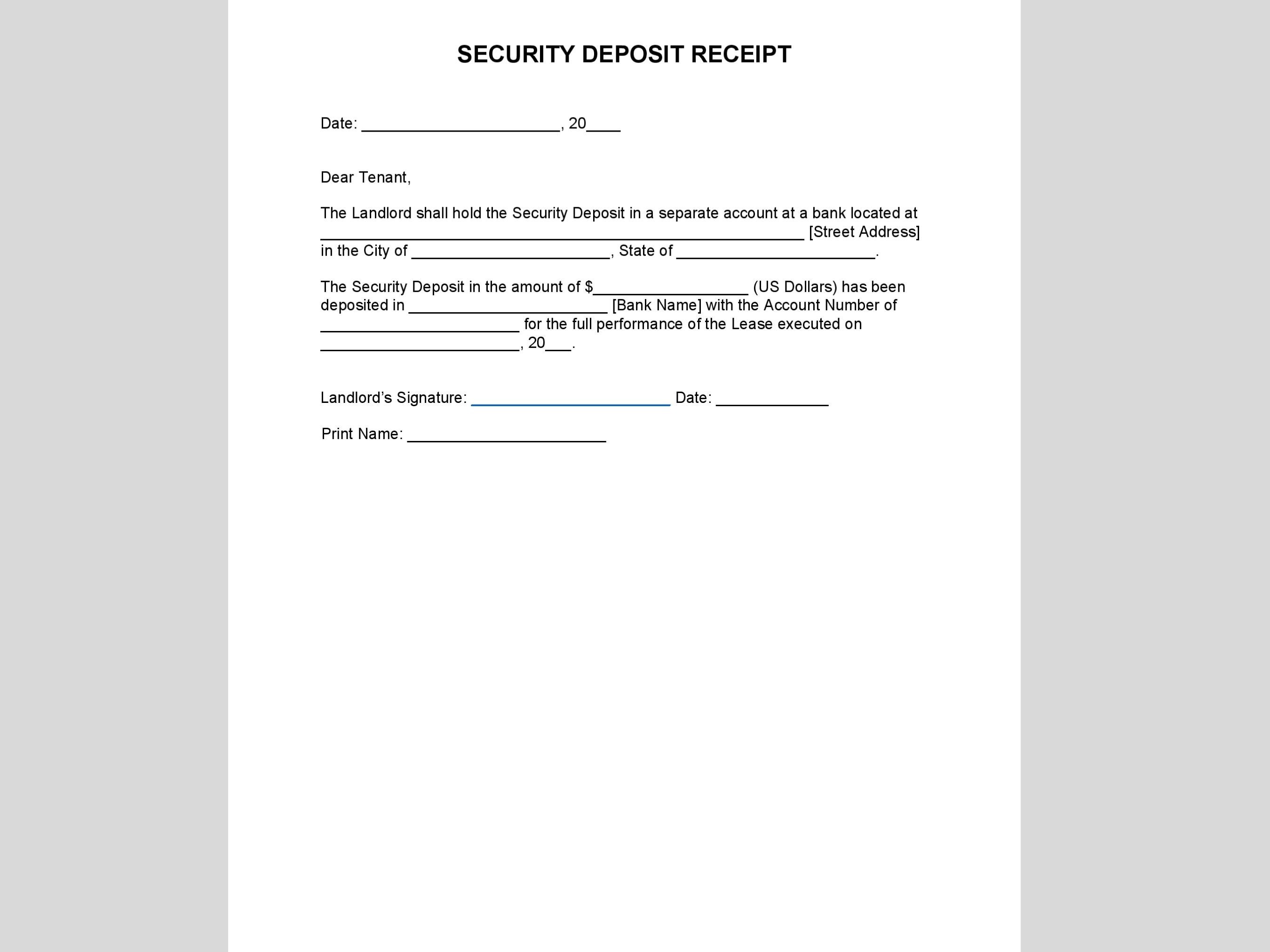 Security Deposit Receipt Form Template - Editable Landlord Form ...