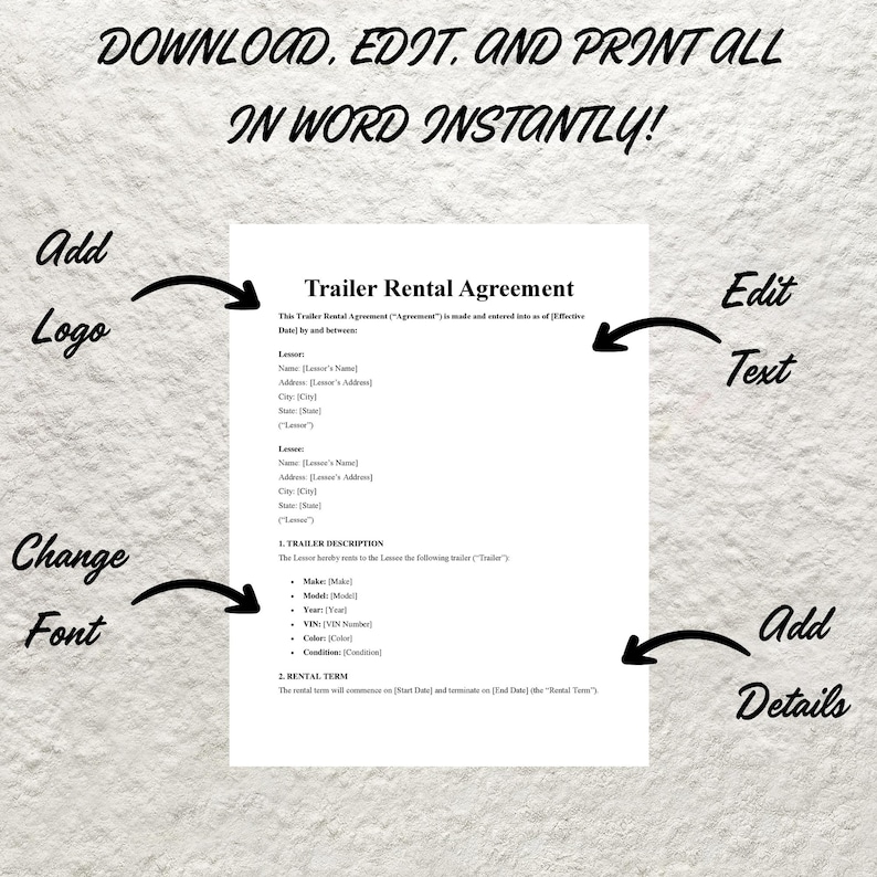 Editable Trailer Rental Agreement Template (instant Download) - Etsy