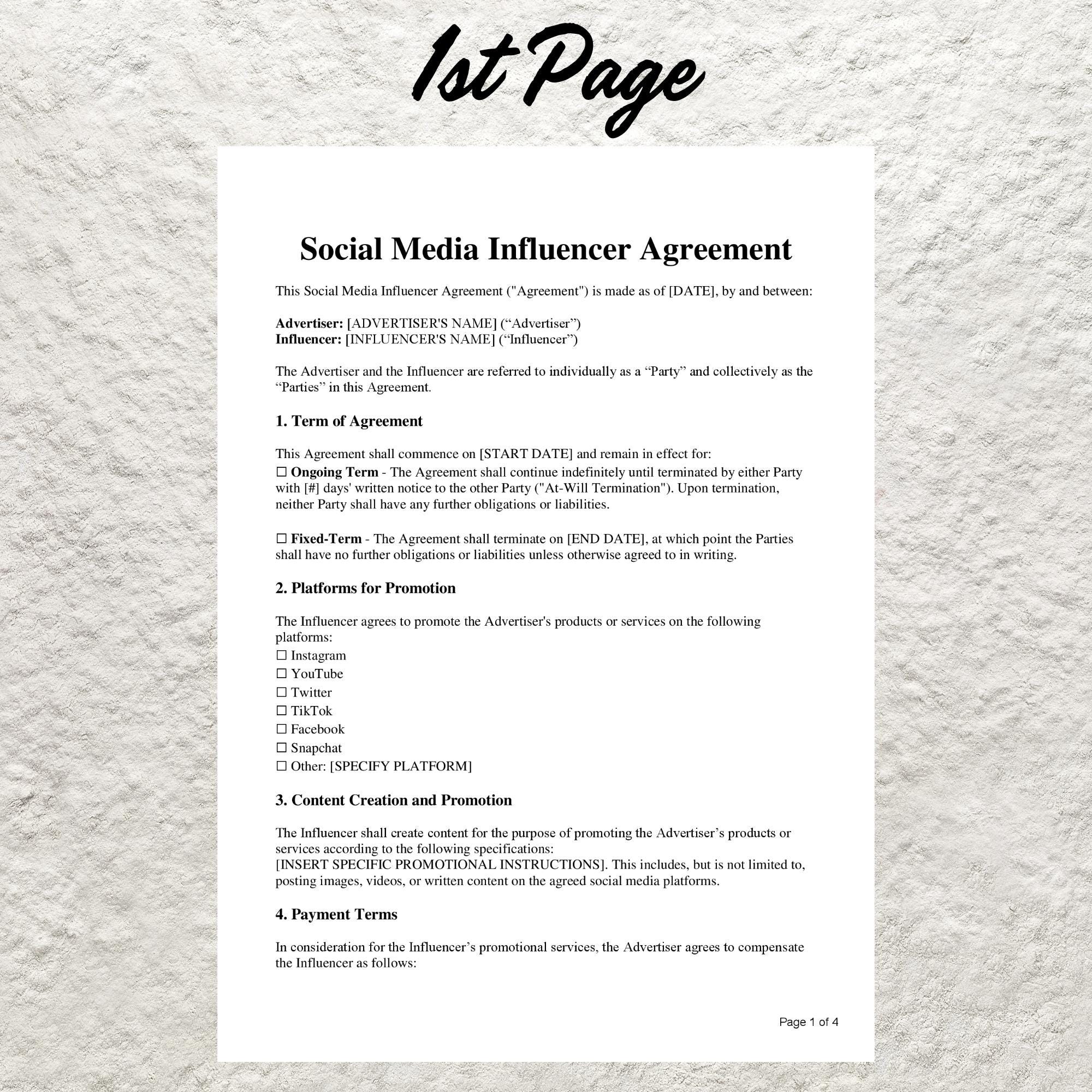 Editable Influencer Agreement Template: Social Media Contract ...