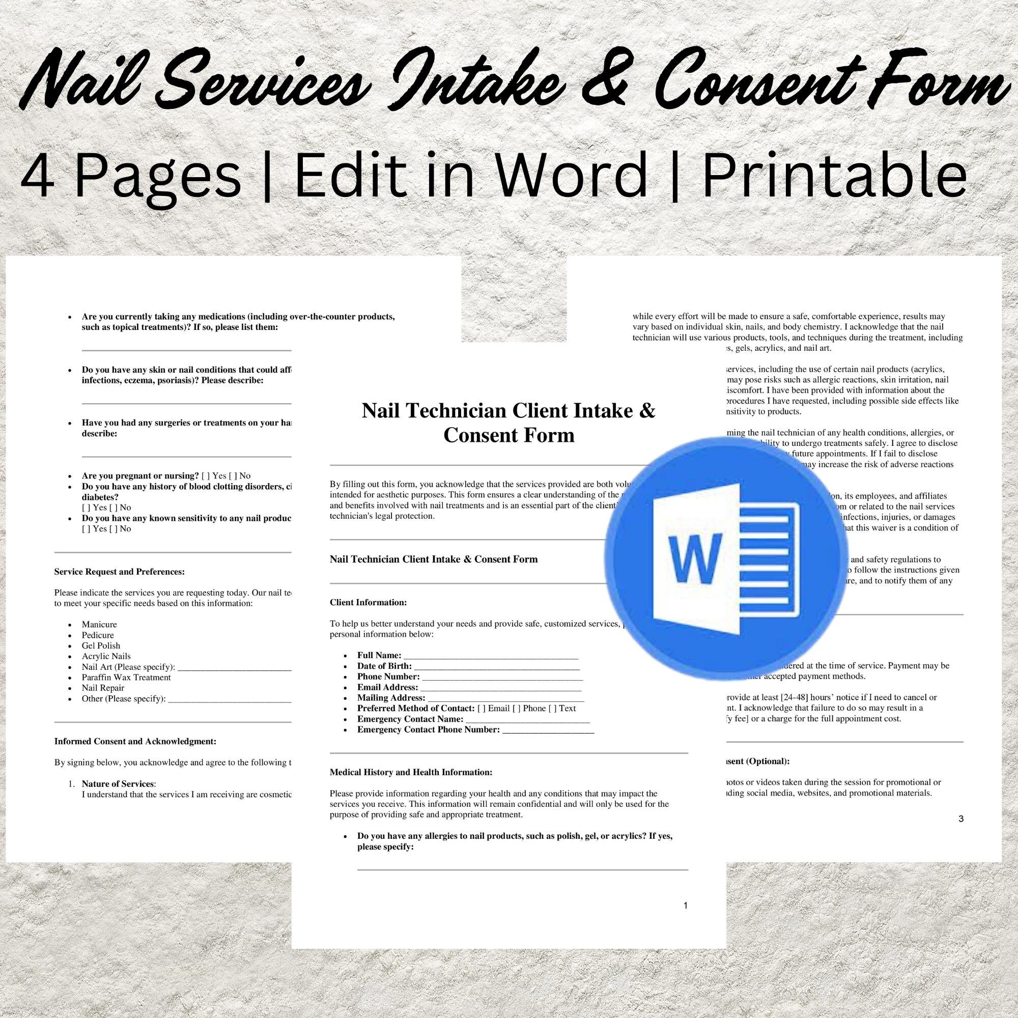 Nail Consent Form Template Editable Nail Technician Client Intake Form ...