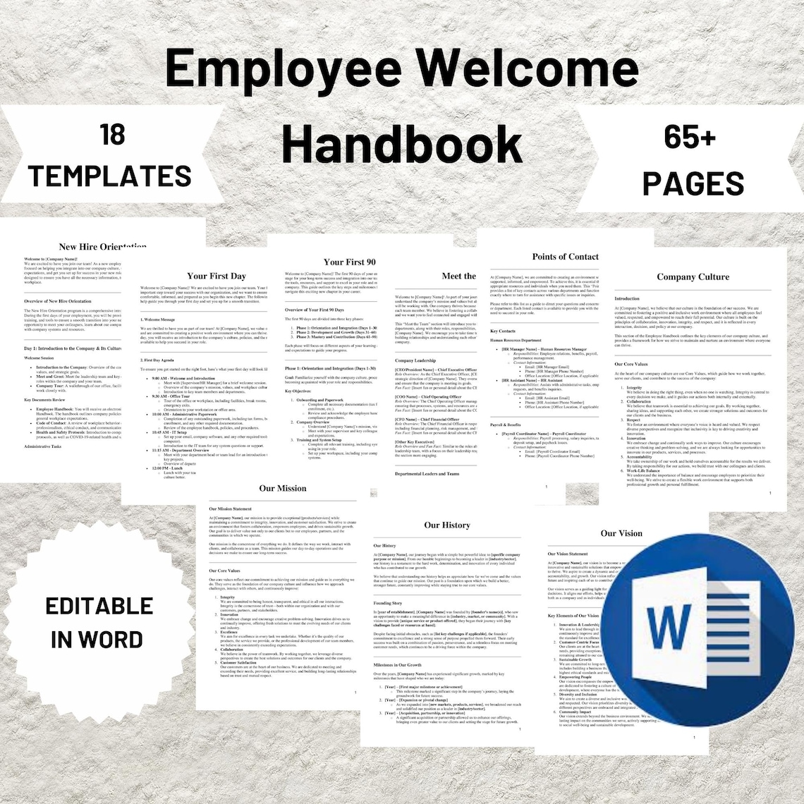 Editable Employee Handbook Template: New Hire Onboarding Guide (PDF ...