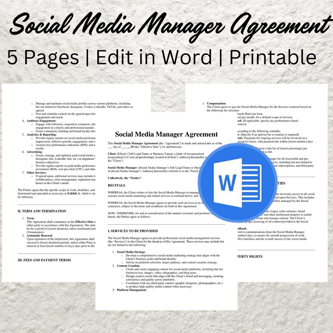 Freelance Social Media Manager Contract Template Editable Social Media ...
