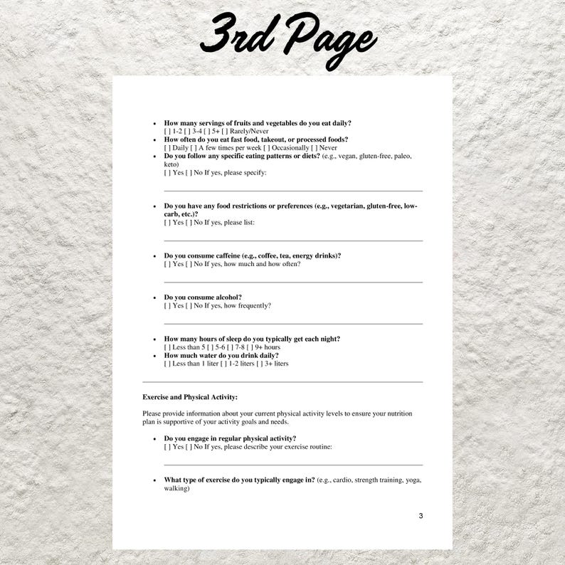 Nutritionist Client Intake Form: Editable Health Questionnaire (word ...