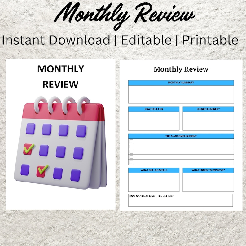 Monthly Review Template Printable Monthly Reflection Journal Editable ...