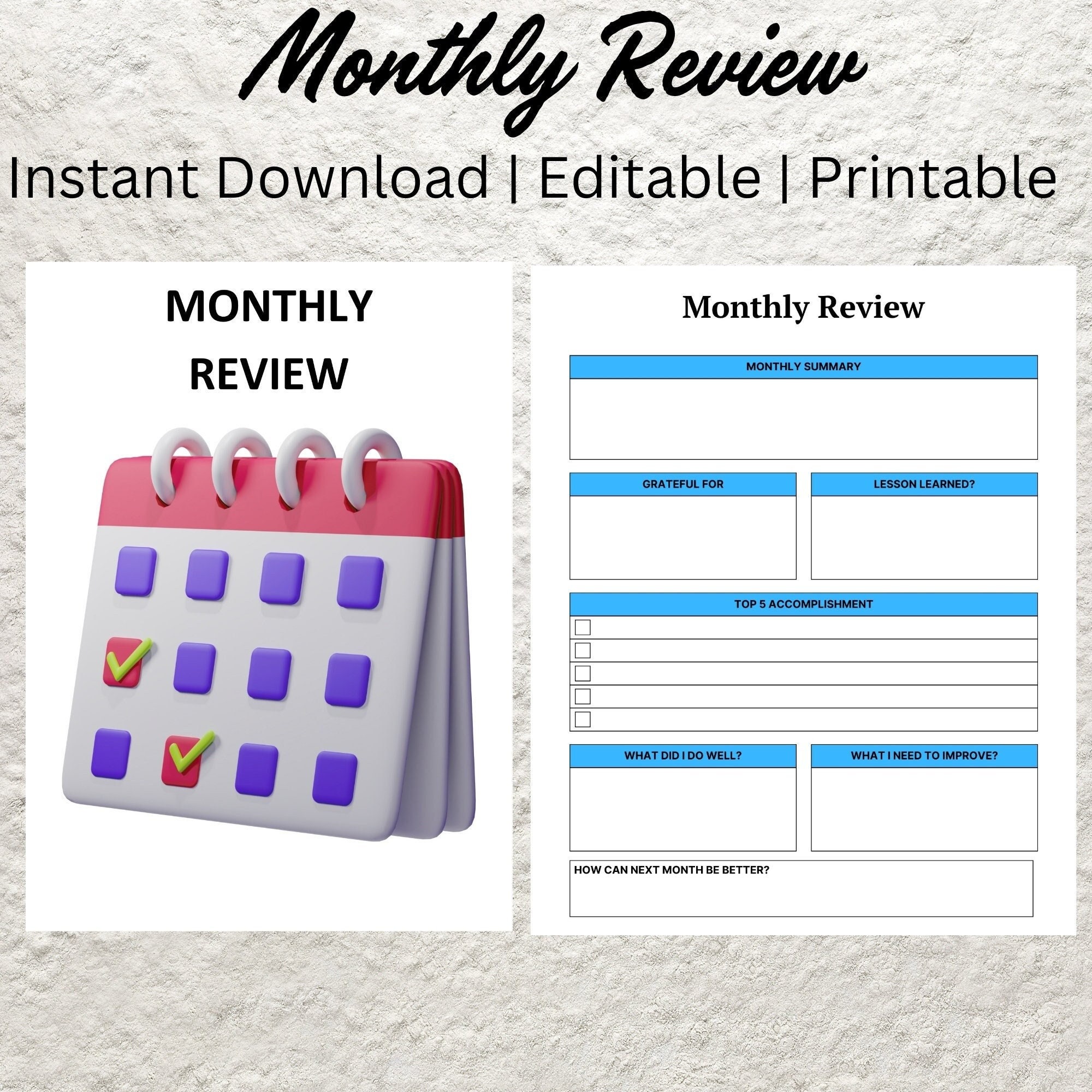 Monthly Review Template Printable Monthly Reflection Journal Editable ...