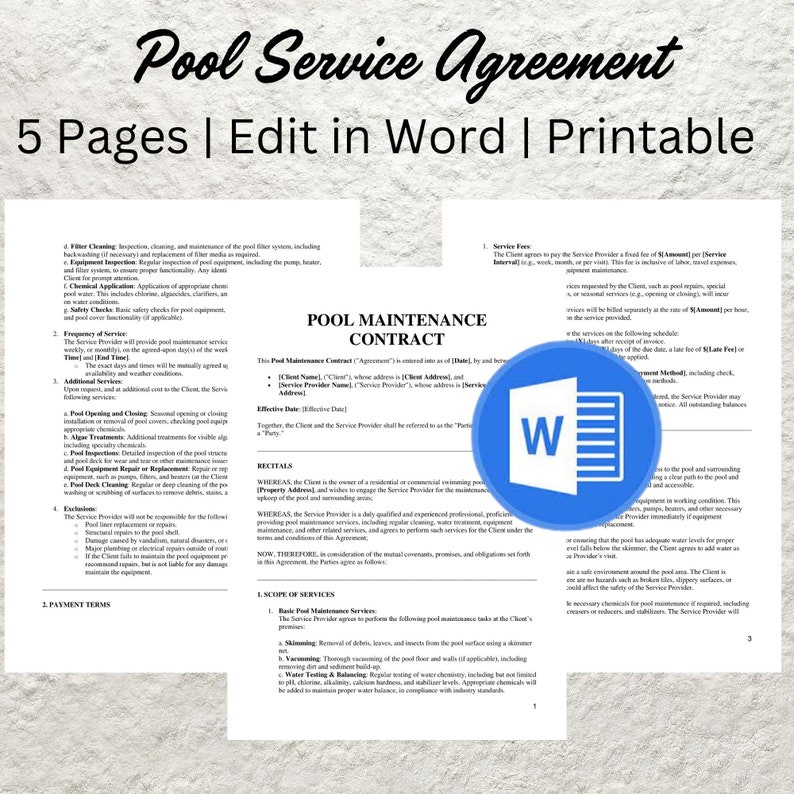 Residential Pool Maintenance Contract Template Editable Swimming Pool ...