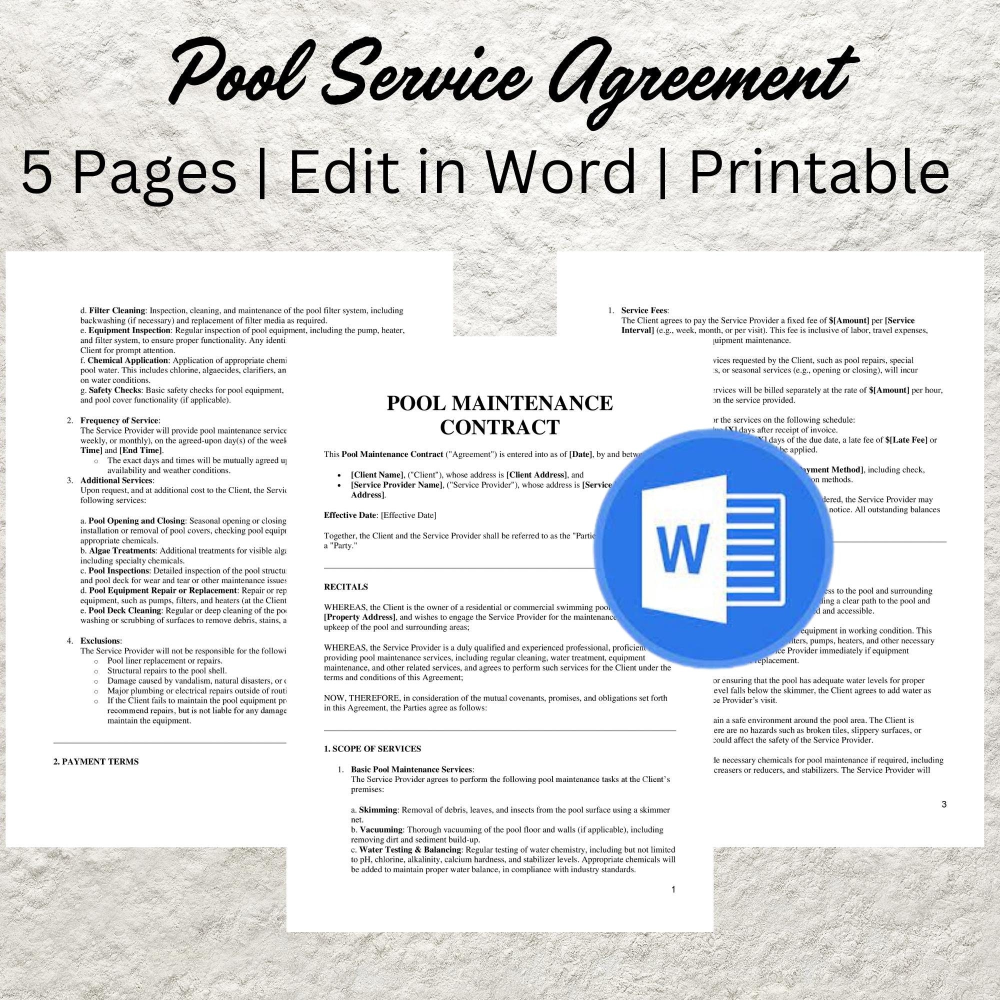 Residential Pool Maintenance Contract Template Editable Swimming Pool ...