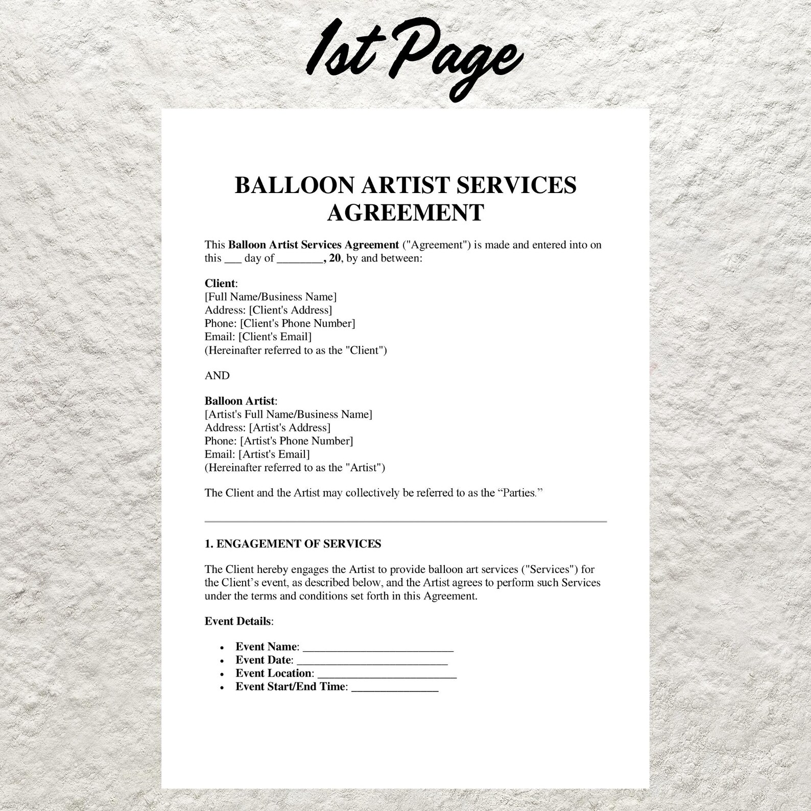Editable Balloon Artist Contract Template: Service Agreement (word ...