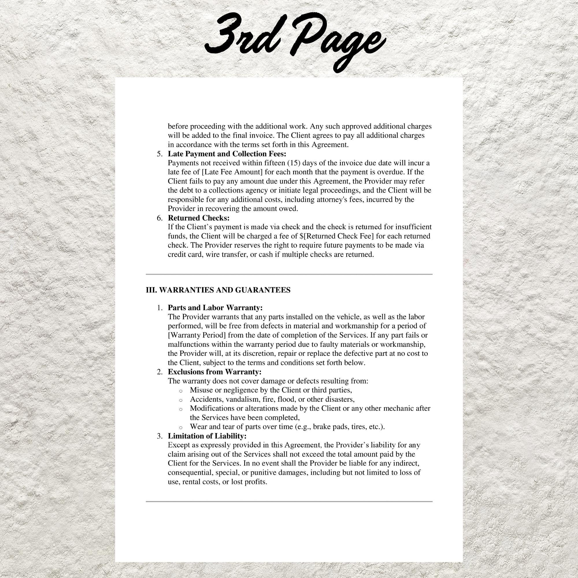 Auto Repair Service Agreement Template: Editable Mechanic Contract ...