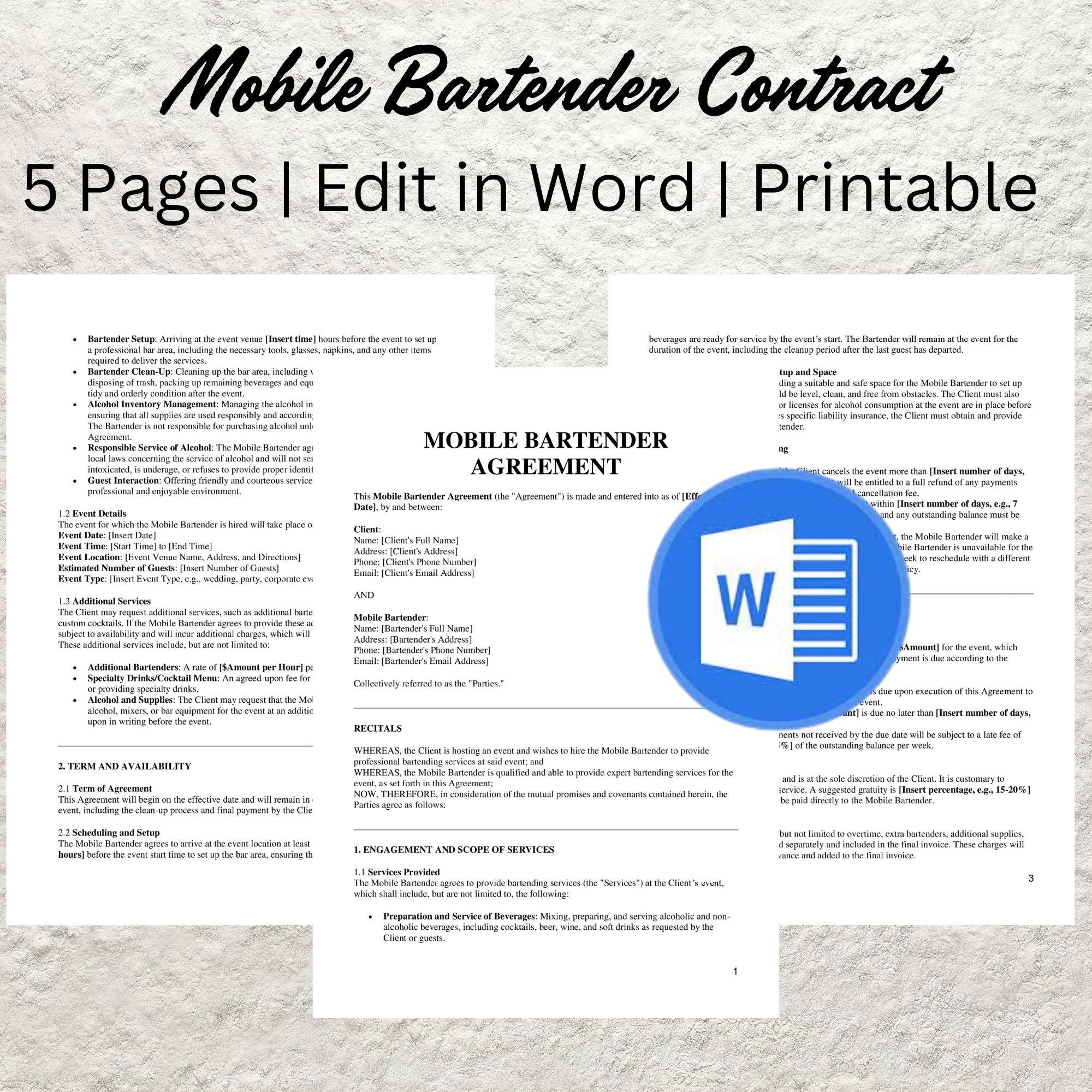 Mobile Bar Contract Template: Editable Bartending Service Agreement - Etsy