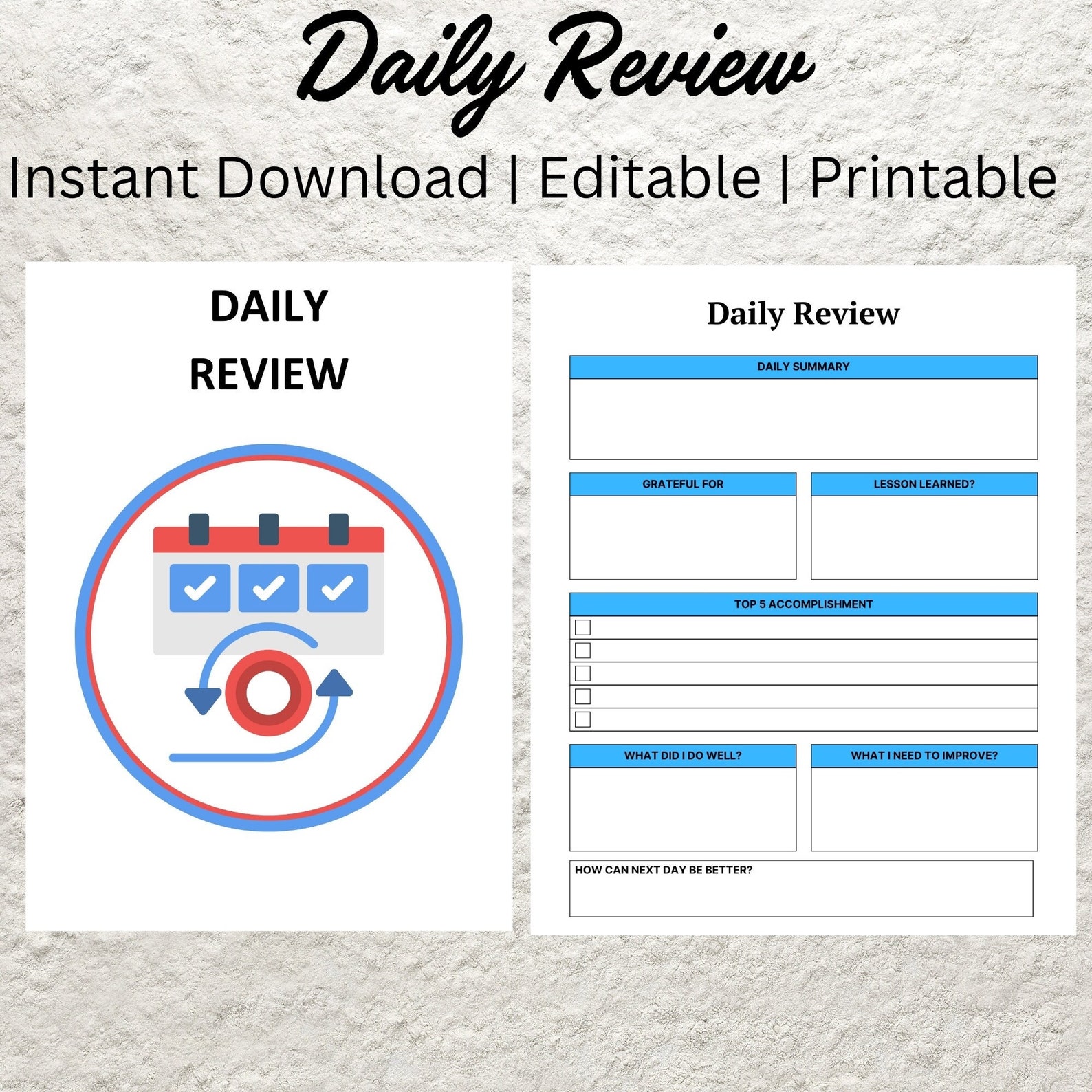 Daily Review Template Printable Daily Reflection Journal Editable Daily ...