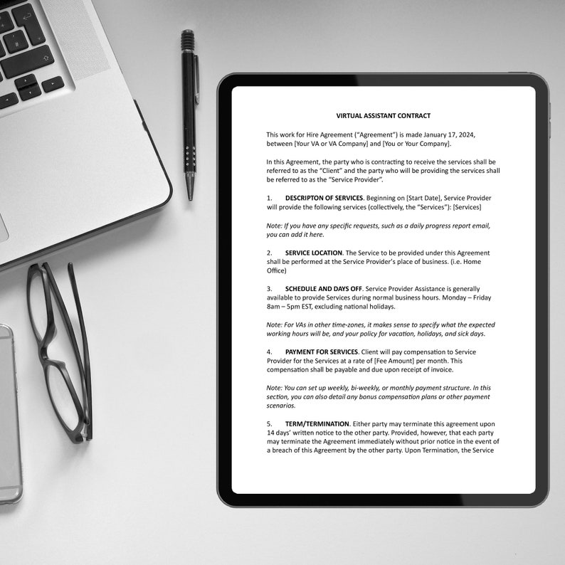 Editable Virtual Assistant Contract Template: Printable Service ...