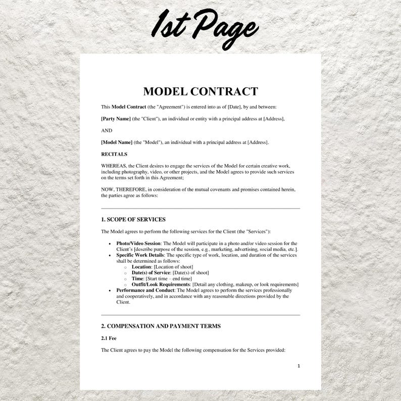 Model Contract Template Editable Model Service Agreement Form Printable Model Release Form ...