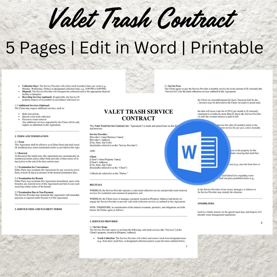 Valet Trash Service Contract Template: Editable Waste Removal Agreement ...