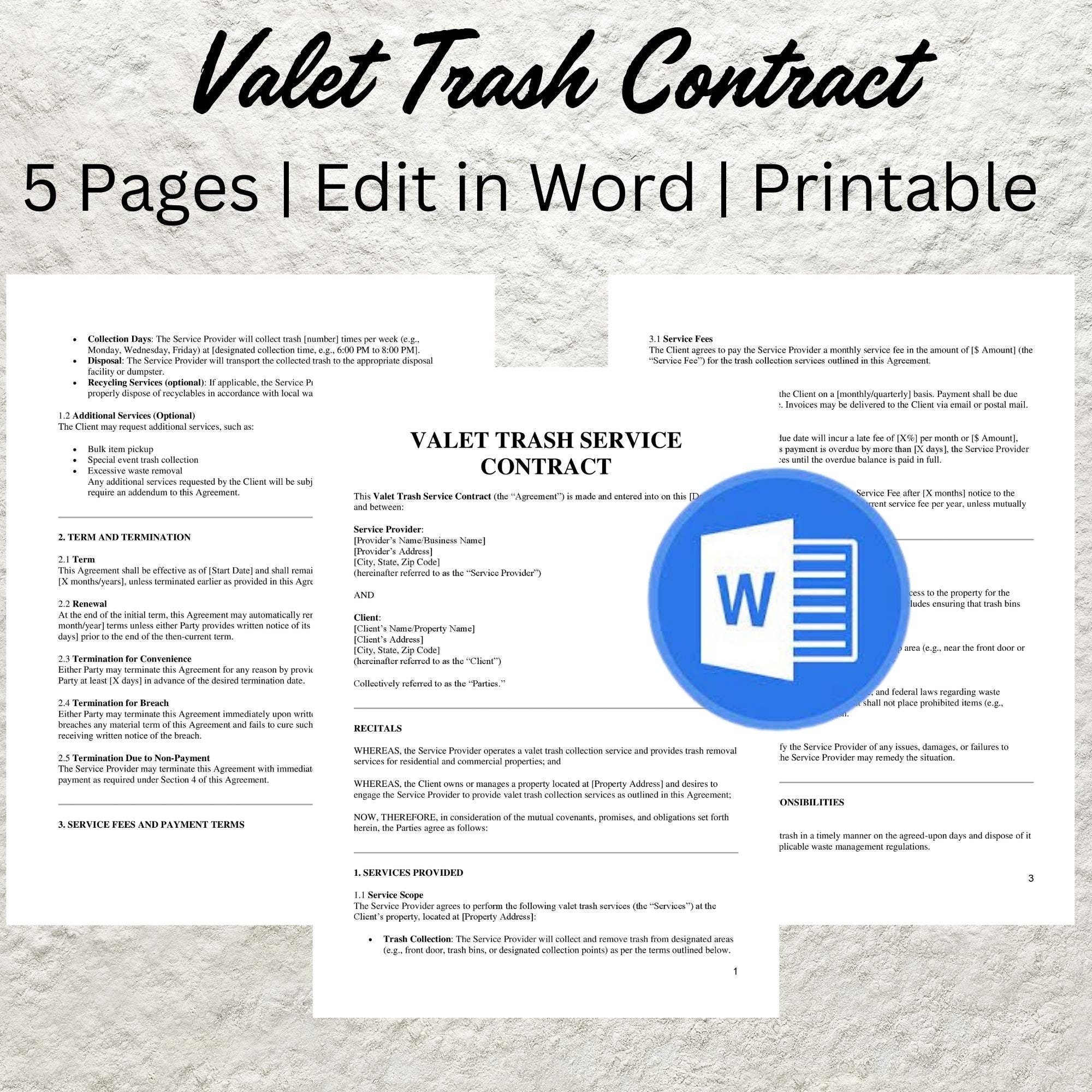 Valet Trash Service Contract Template: Editable Waste Removal Agreement ...