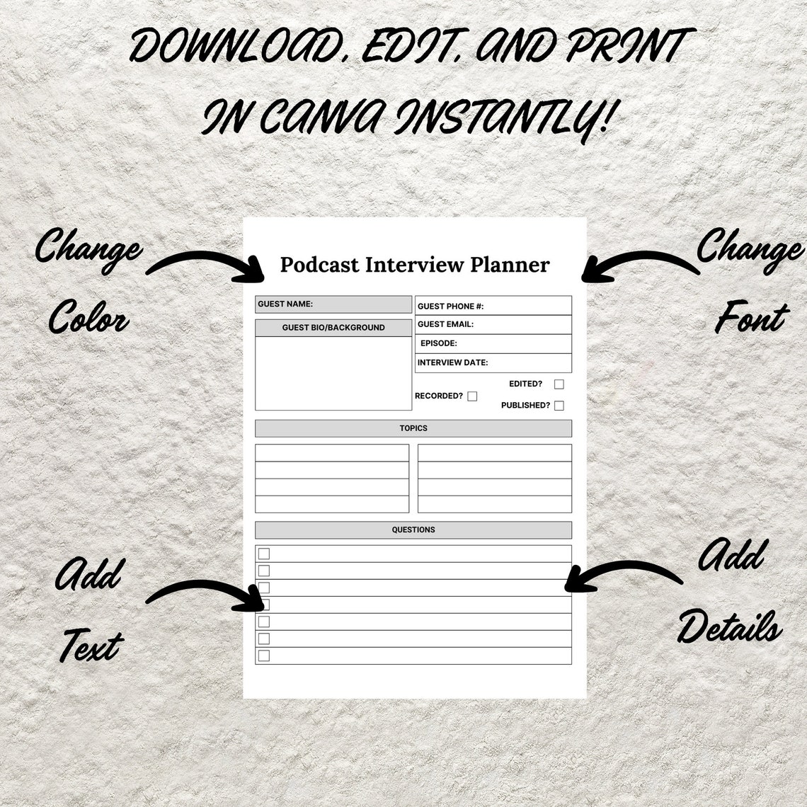 Printable Podcast Episode Planner Worksheet Template Podcast Content ...