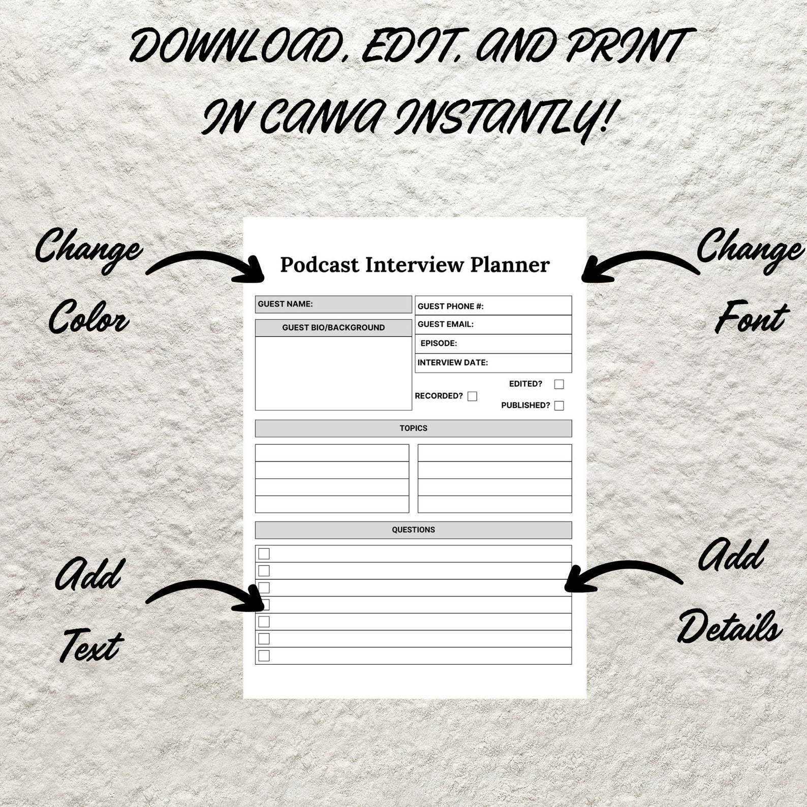 Printable Podcast Episode Planner Worksheet Template Podcast Content ...