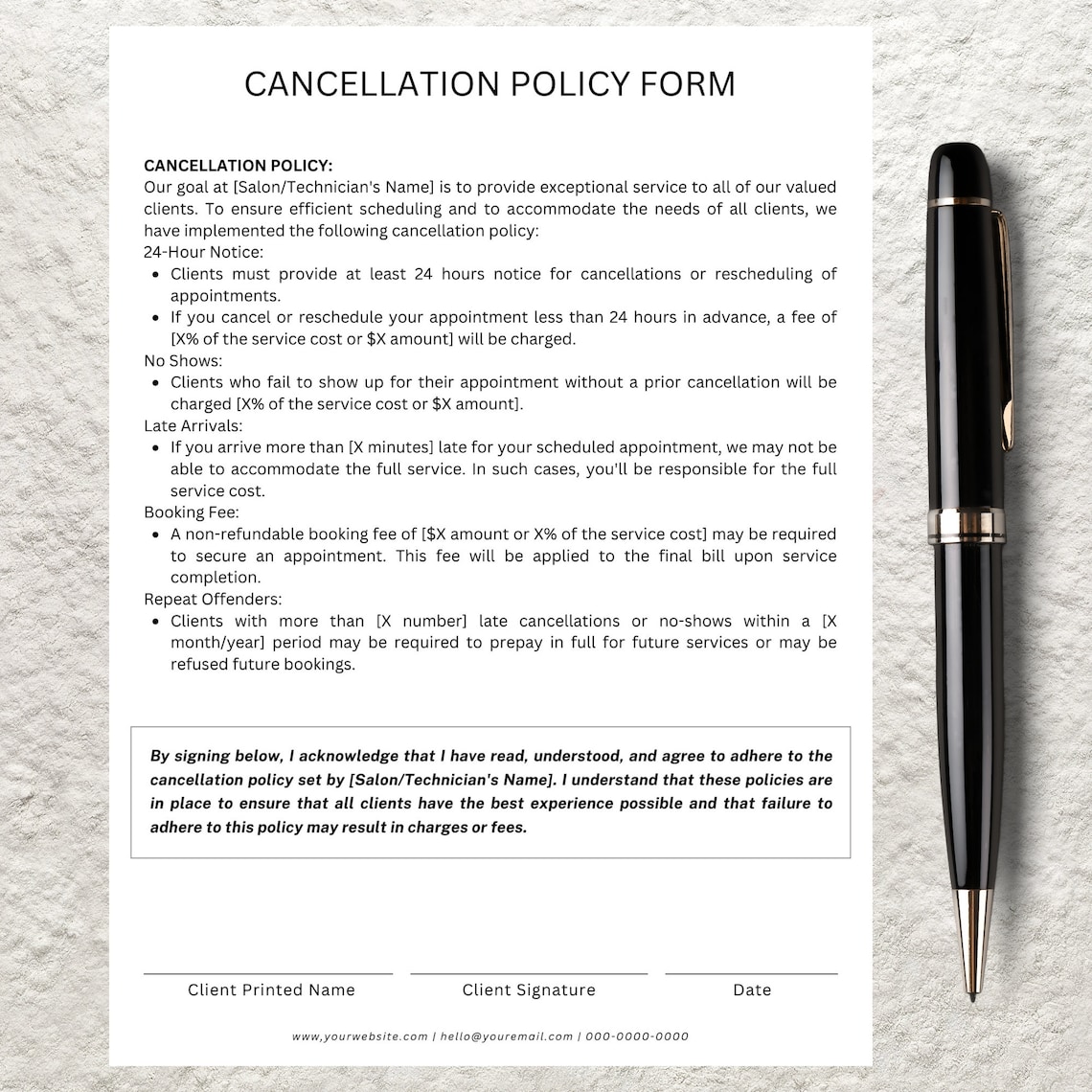 Editable Cancellation Policy Form Template Printable Salon Spa Lash ...