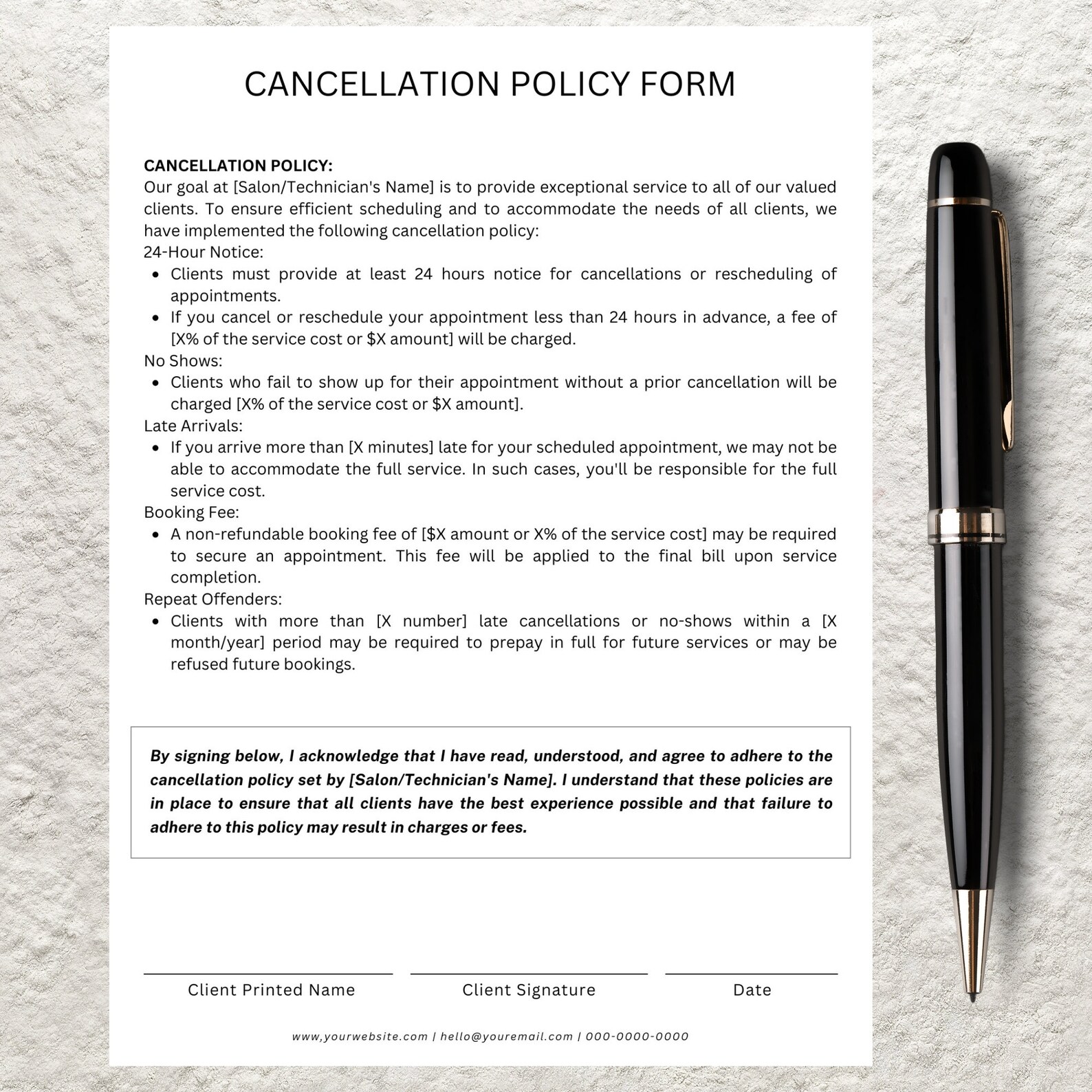 Editable Cancellation Policy Form Template Printable Salon Spa Lash ...