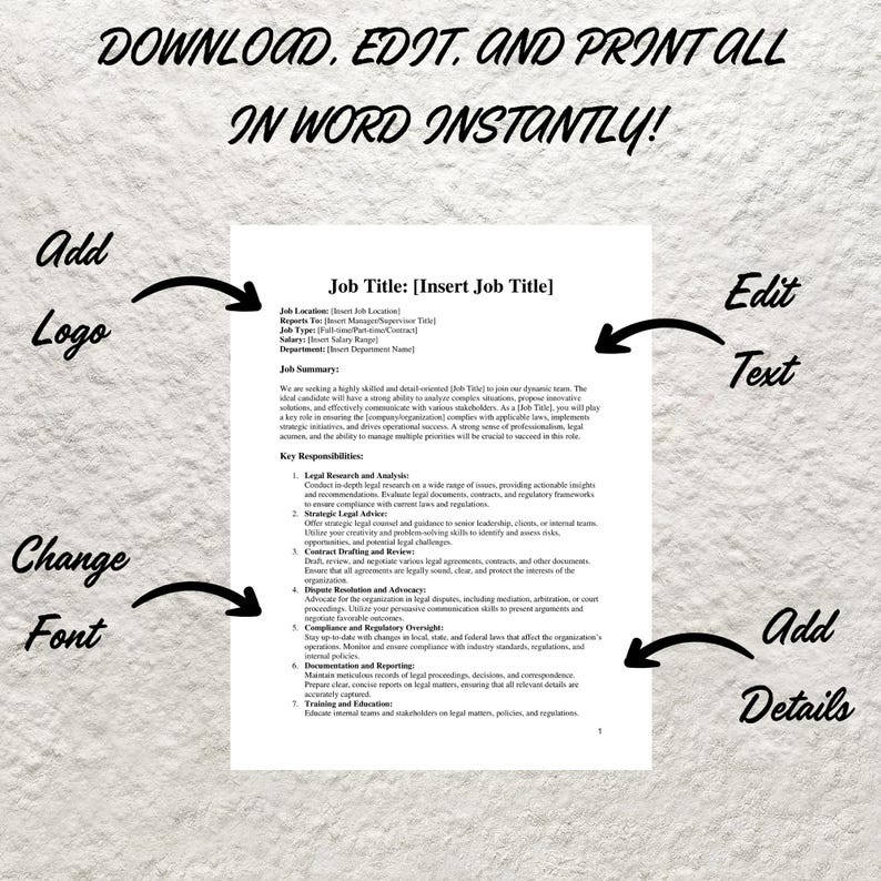 Job Description Template Editable Employee Job Description Printable ...