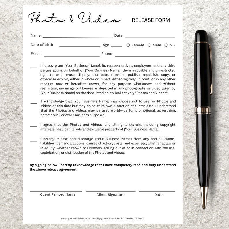 Editable Photo and Video Release Content Form Template Printable Salon ...