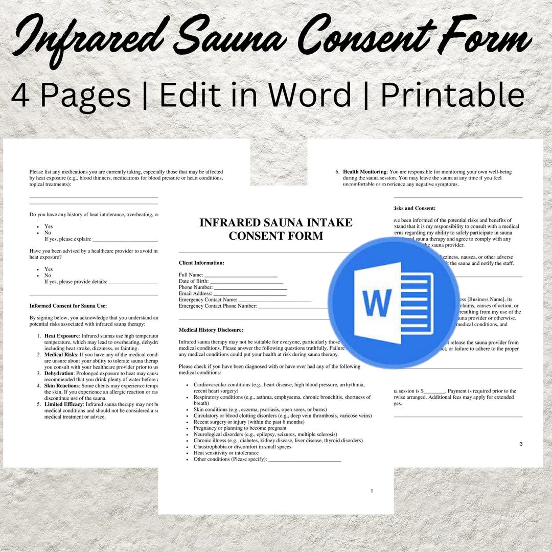 Infrared Sauna Consent Form Template: Editable Client Intake (printable ...
