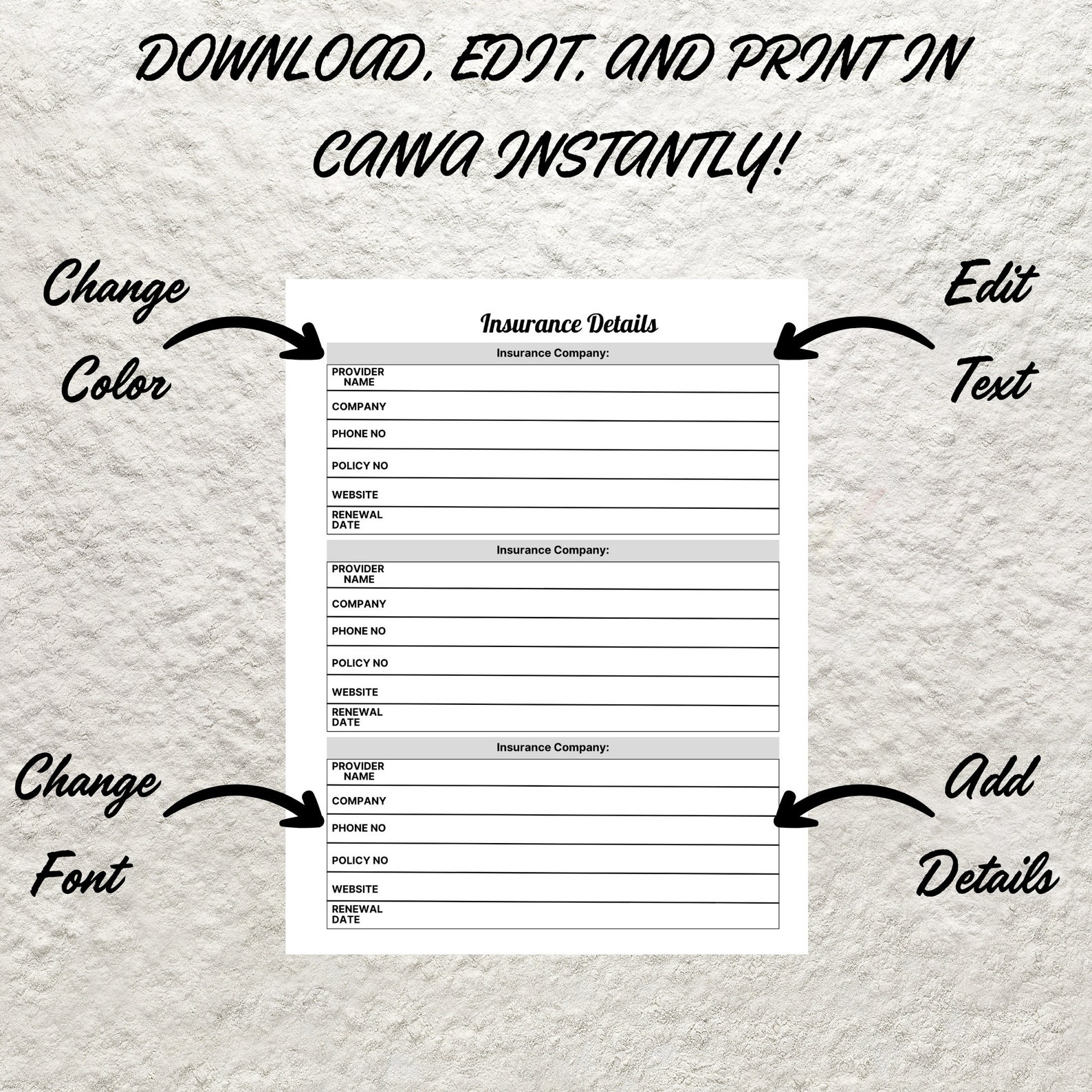 Insurance Details Tracker Printable | Policy Information Organizer ...