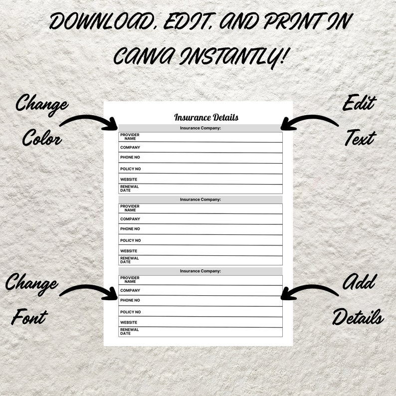 Insurance Details Information Tracker Planner Printable Insurance ...