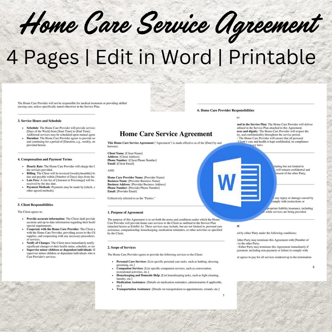 Home Care Service Agreement Template: Editable Client Contract ...