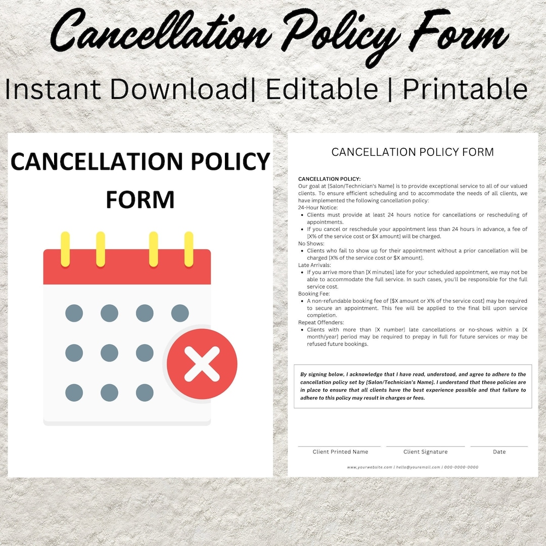 Editable Cancellation Policy Form Template Printable Salon Spa Lash ...