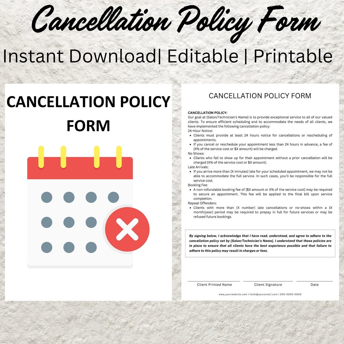 Editable Cancellation Policy Form Template Printable Salon Spa Lash ...