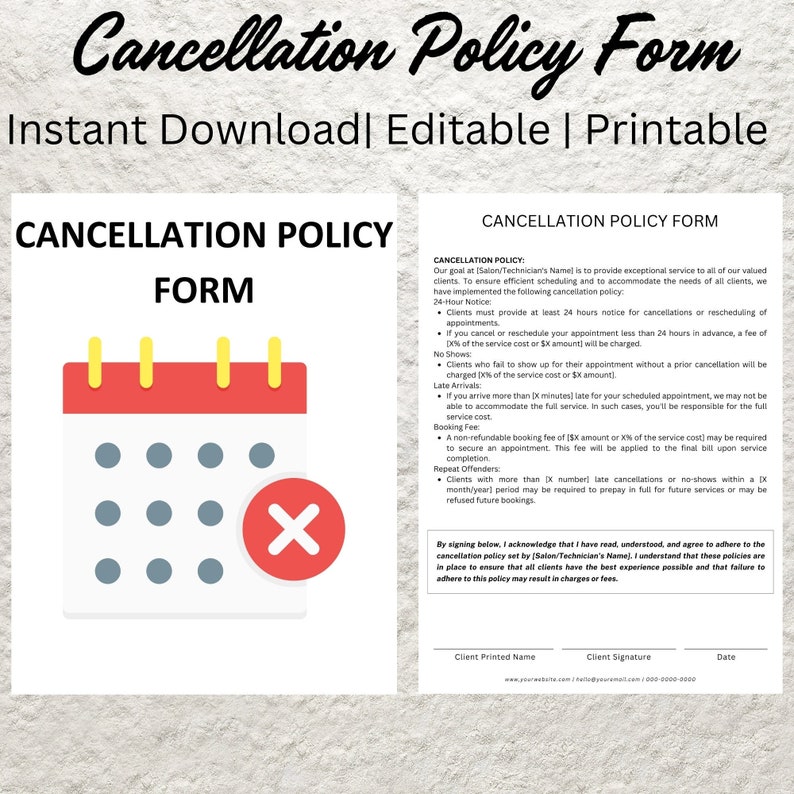 Editable Cancellation Policy Form Template Printable Salon Spa Lash ...