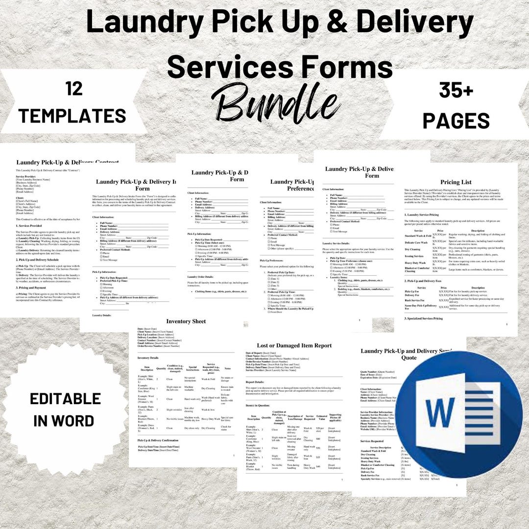 Editable Laundry Pick up & Delivery Services Forms Templates, Pick and ...