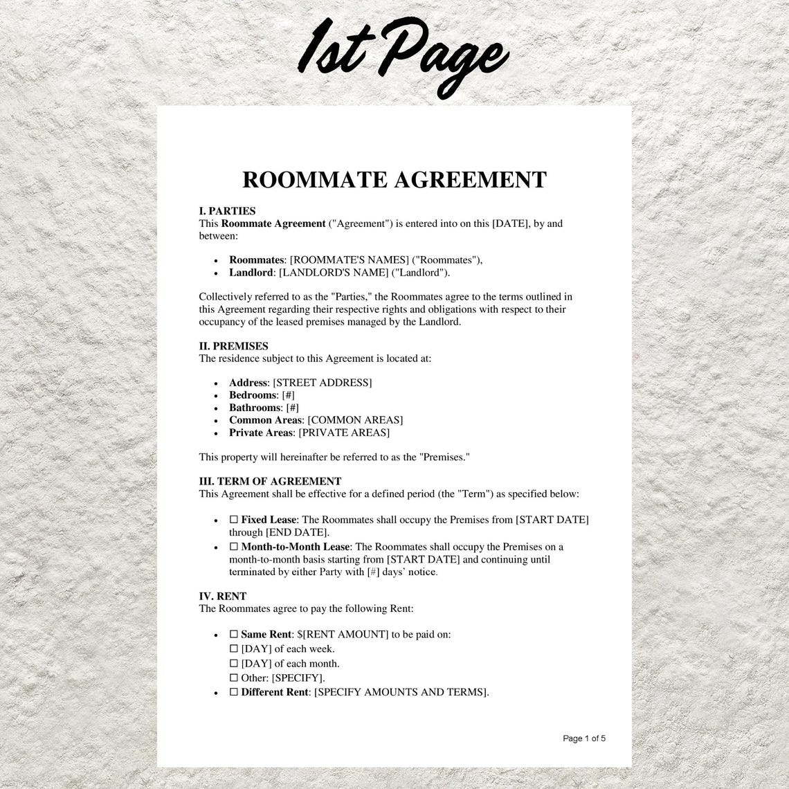 Editable Roommate Agreement Template: Printable Lease (word) - Etsy