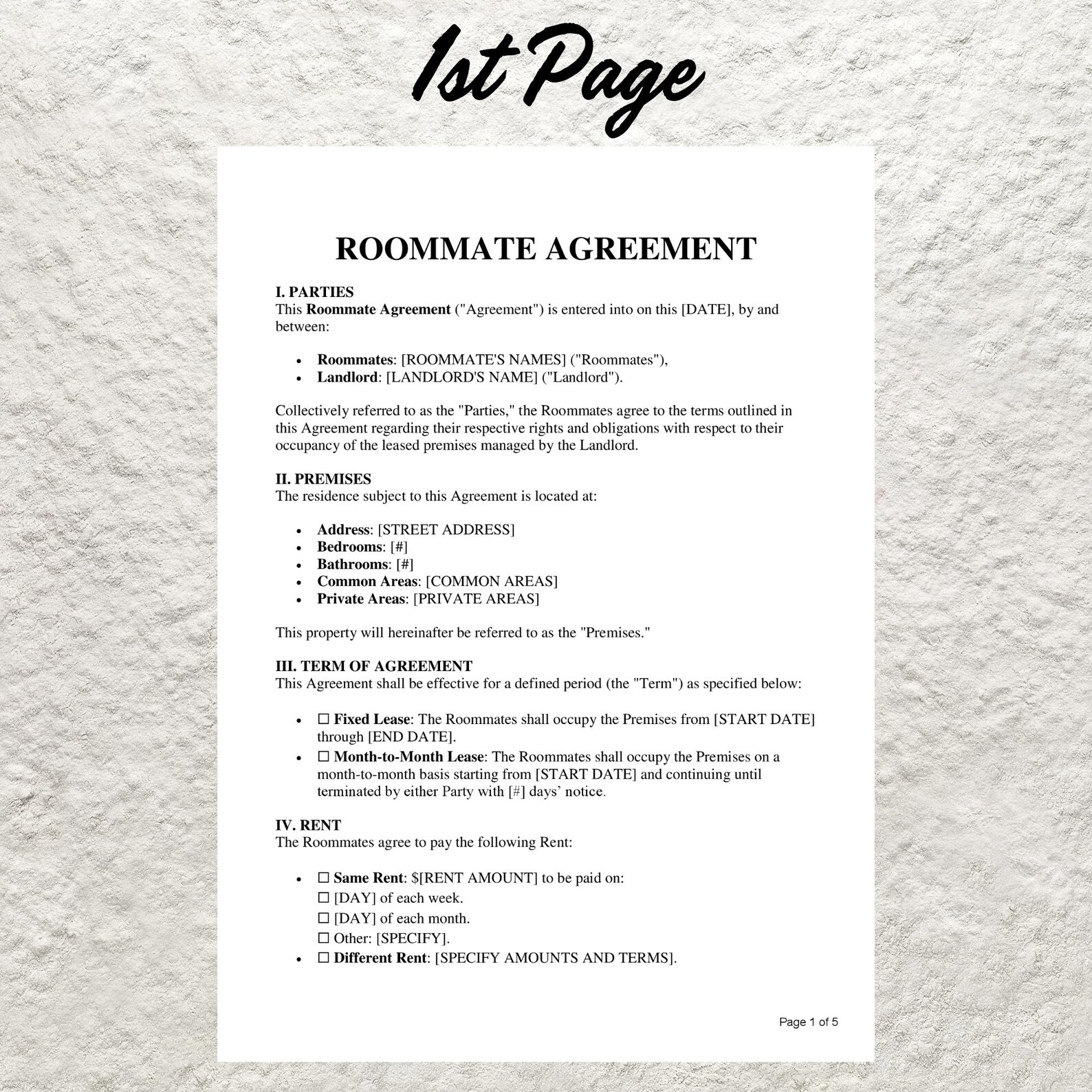 Roommate Agreement Template Editable Roommate Lease Agreement Printable ...