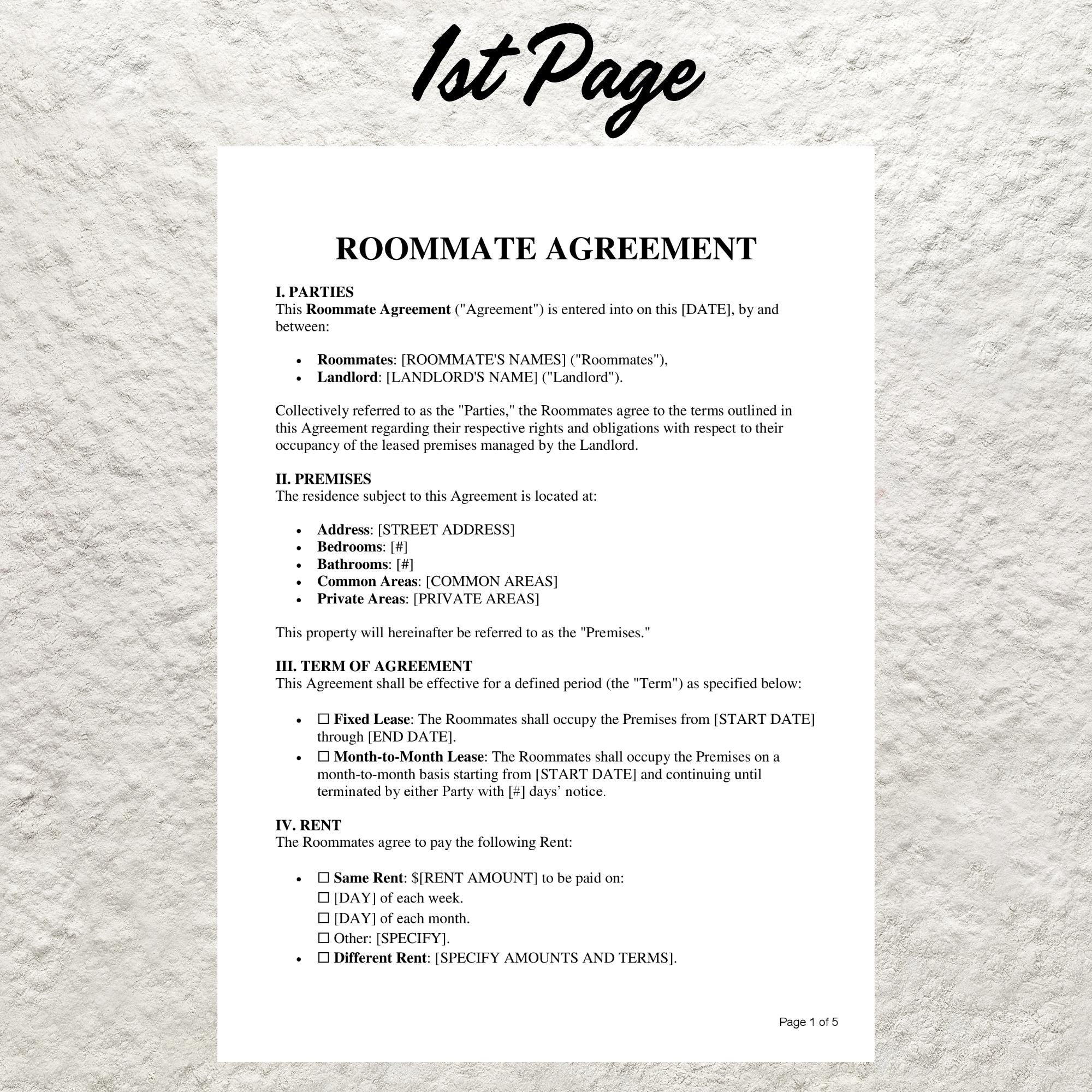 Roommate Agreement Template Editable Roommate Lease Agreement Printable ...