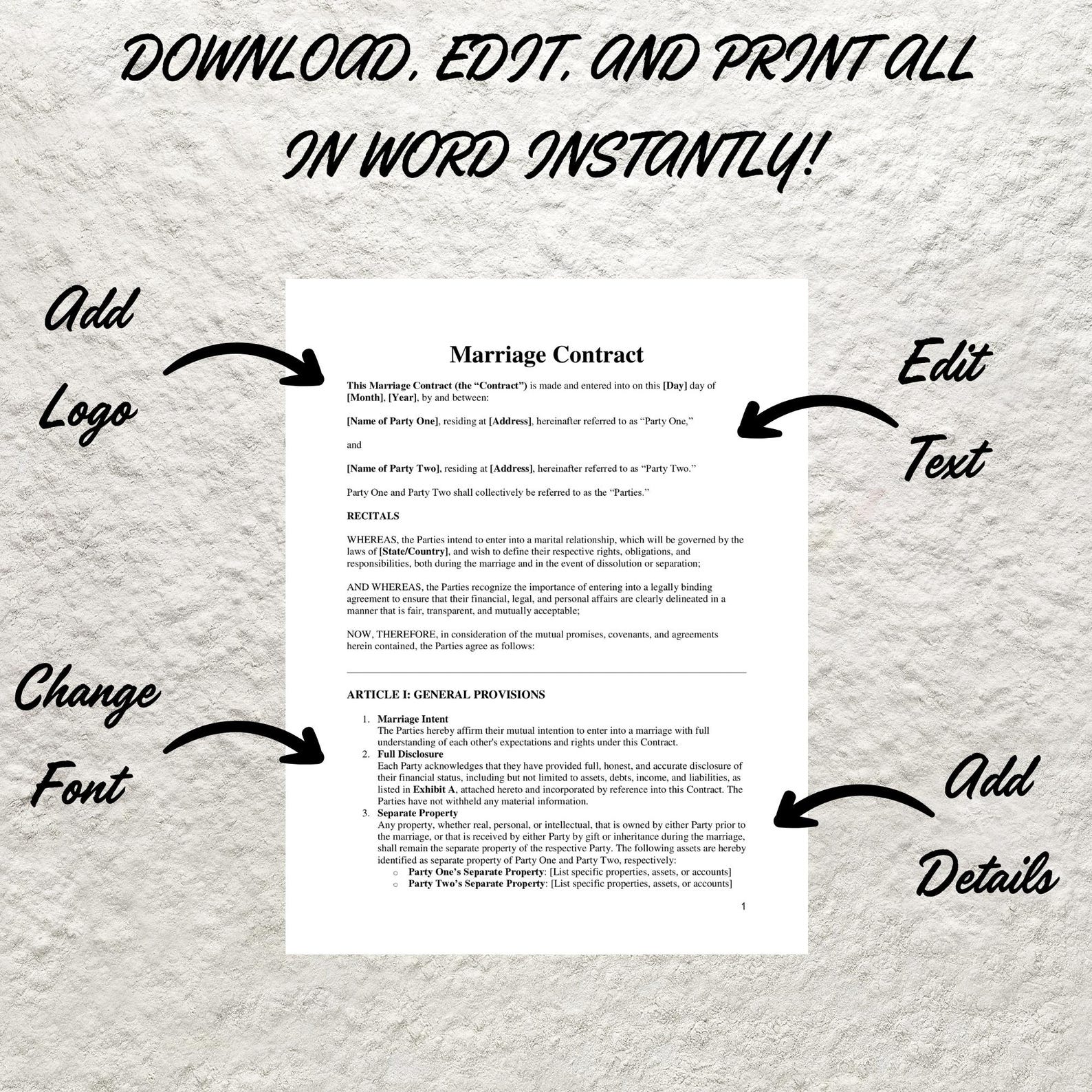 Marriage Contract Template Editable Agreement Printable Relationship ...