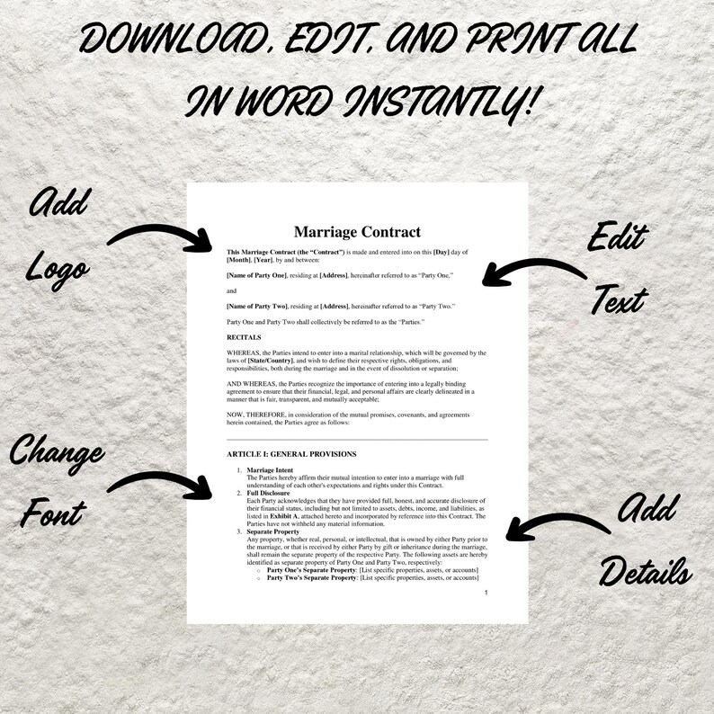 Marriage Contract Template Editable Agreement Printable Relationship ...