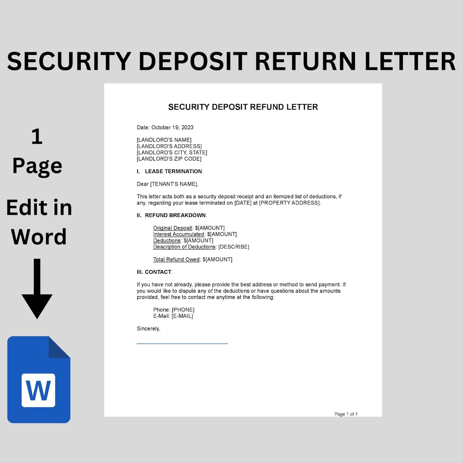 Security Deposit Return Refund Letter Form Template Landlord Rental ...