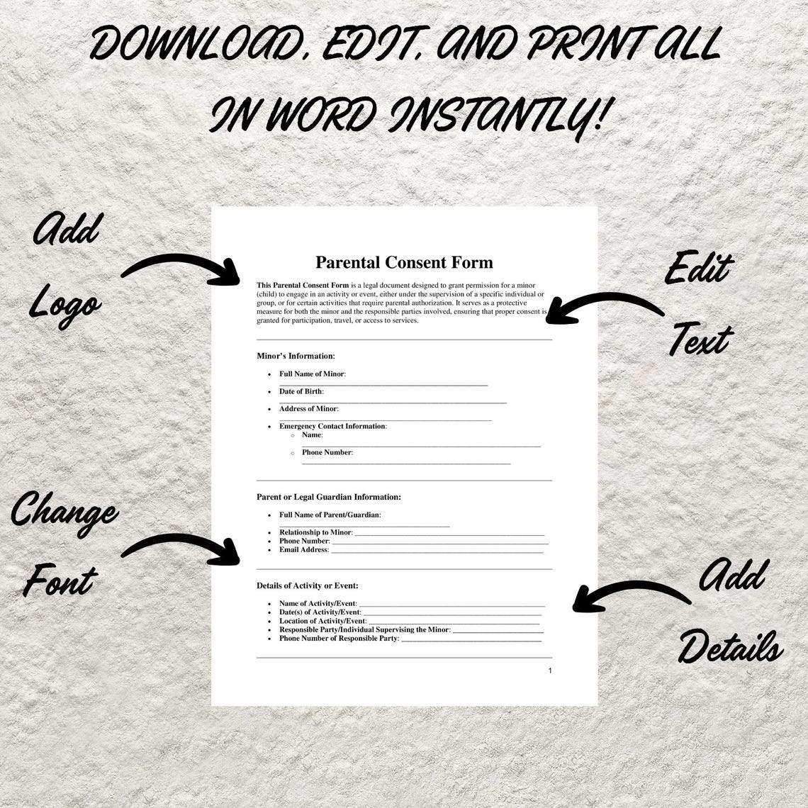 Editable Parental Consent Form Template (word) - Etsy