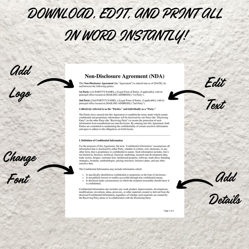 Editable Non-disclosure Agreement NDA Template (word Format) - Etsy