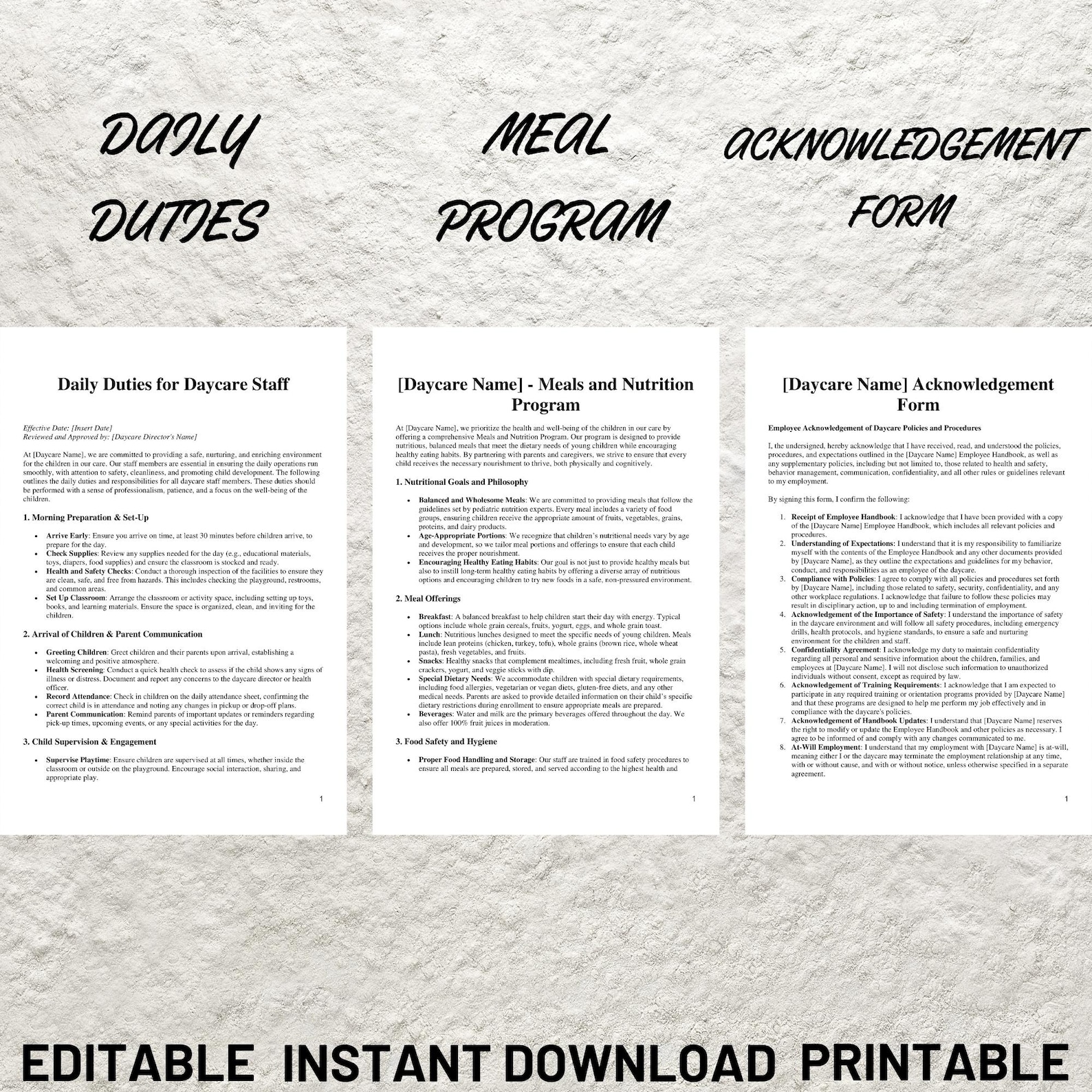 Daycare Employee Handbook Template: Editable Staff Policies (word ...