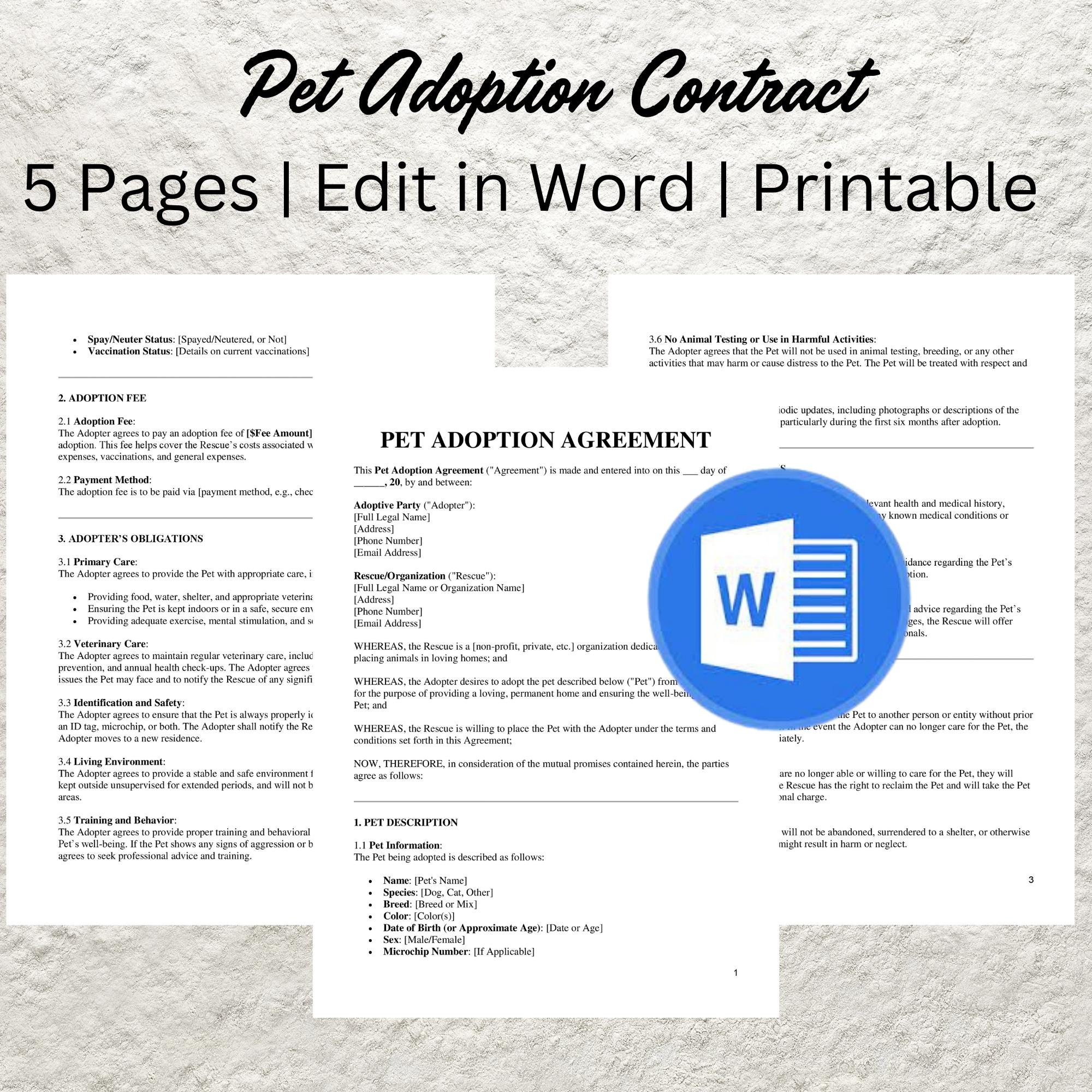 Editable Pet Adoption Contract Template (word Format) - Etsy