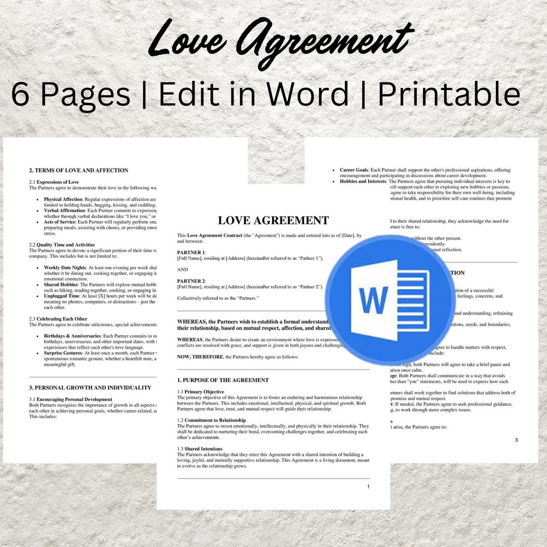 Love Agreement Contract: Editable Relationship Template (digital ...