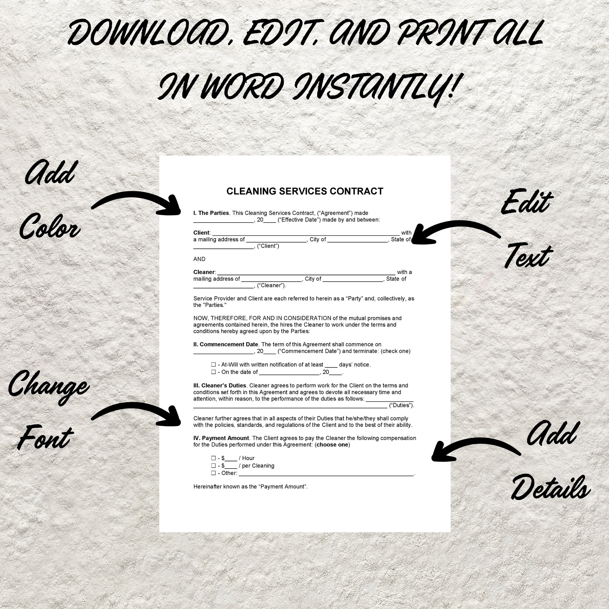 Cleaning Service Agreement Printable Cleaning Contract Editable ...