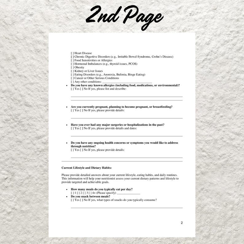Nutritionist Client Intake Form: Editable Health Questionnaire (word ...
