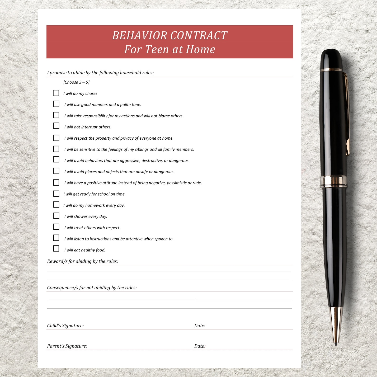 Teen Behavior Contract Template: Editable Agreement (word, PDF) - Etsy