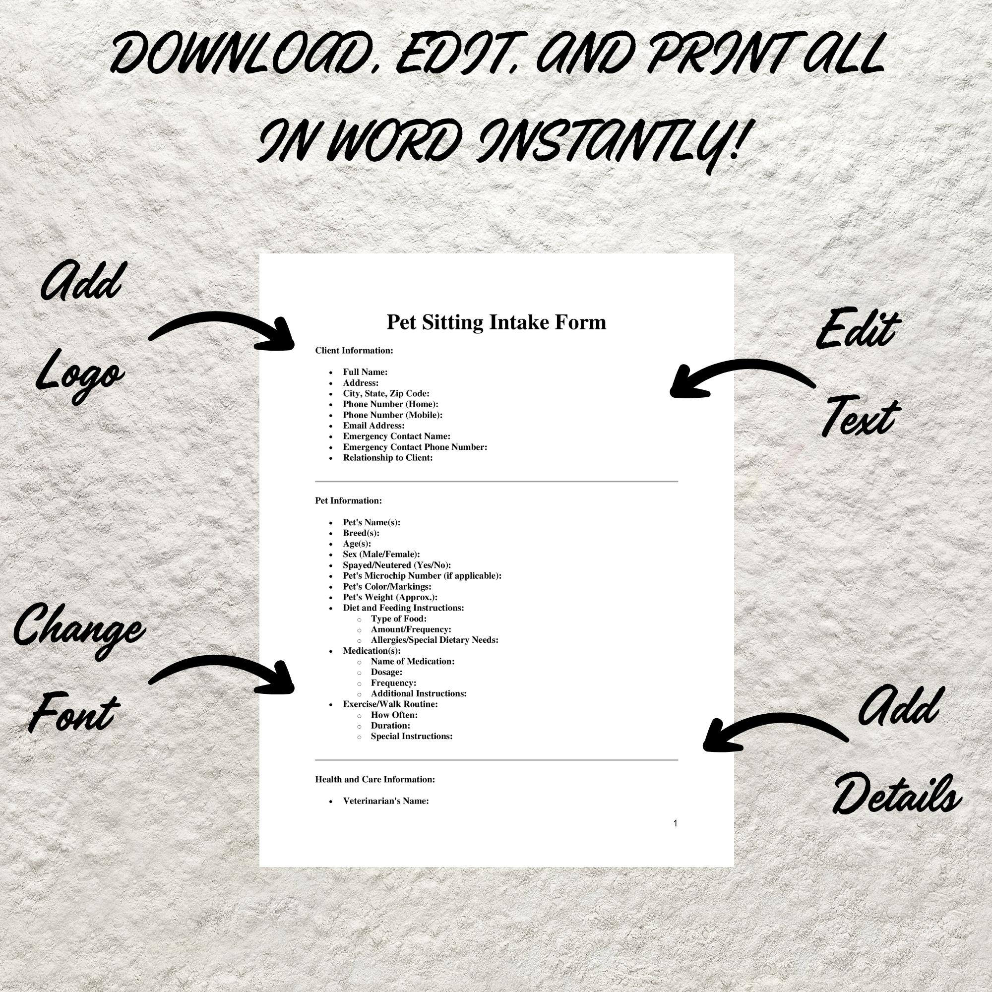 Editable Pet Sitting Forms Bundle: Service Agreement & Client Intake ...