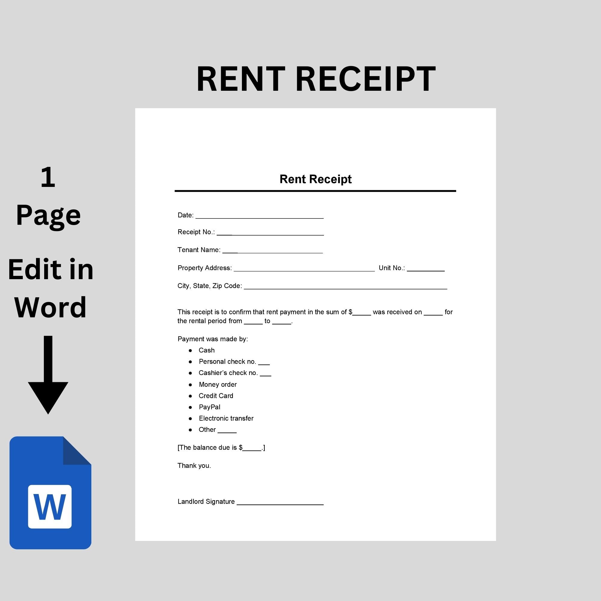 Landlord Rent Receipt Template Tenant Rental Receipt Rent Payment ...